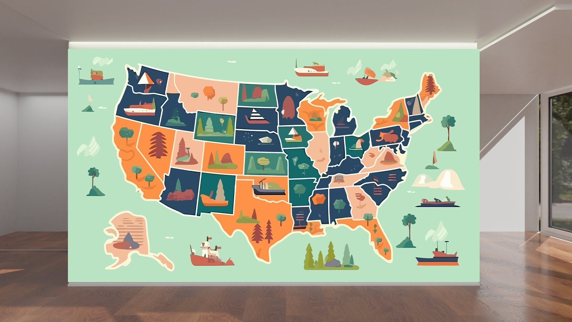 Children Map With Nature USA Map Wallpaper, Colorful World Map Wall ...