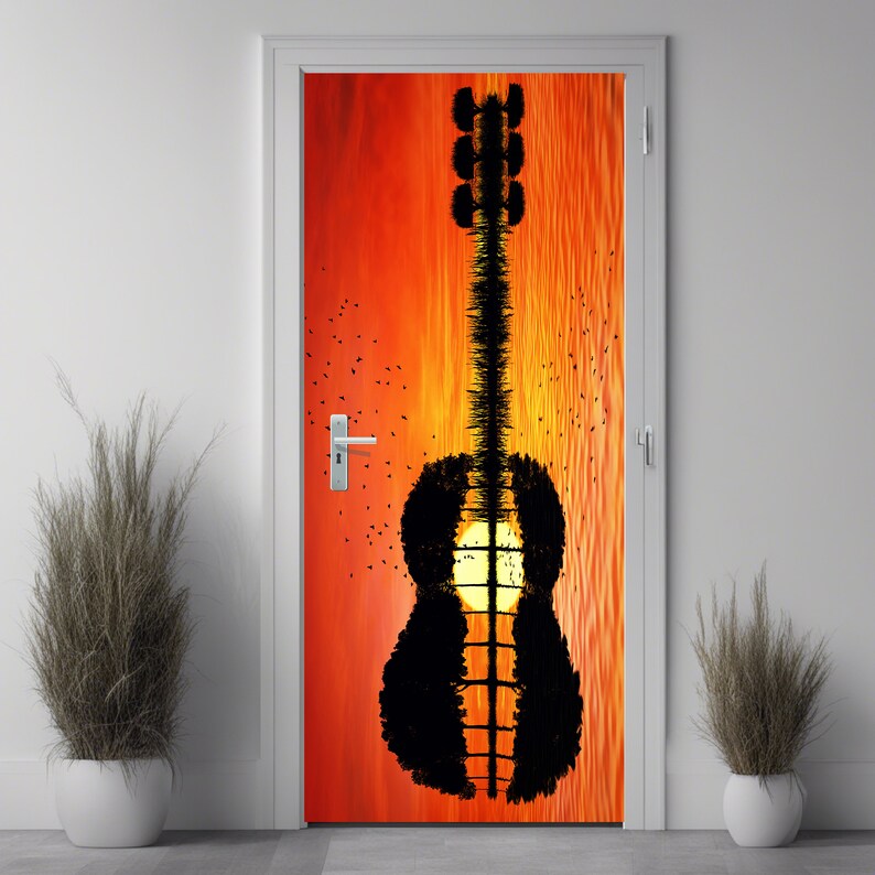 Door Sticker for Music Lovers, Guitar Art, Rustic Covering, Home ...