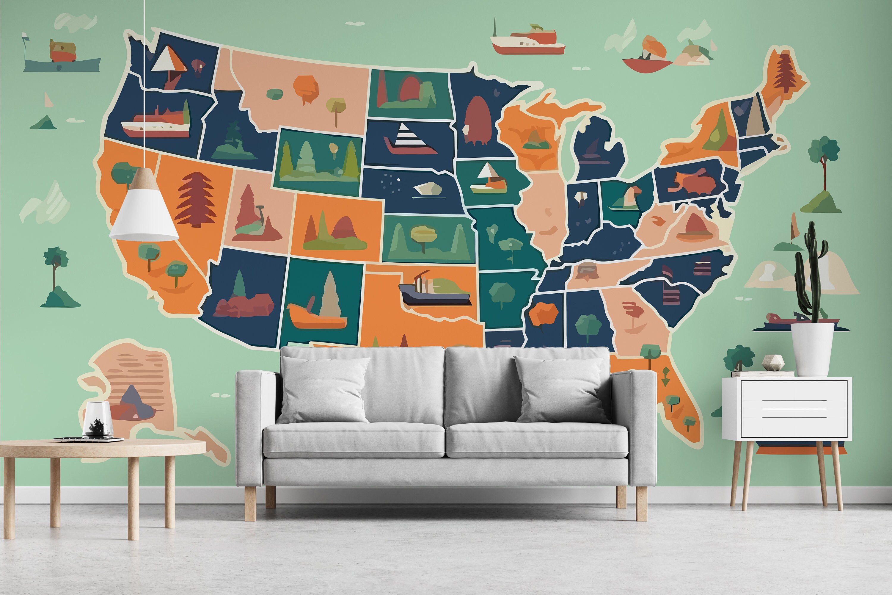 Children Map With Nature USA Map Wallpaper, Colorful World Map Wall ...