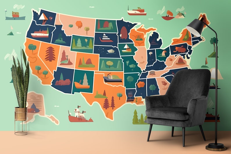 Children Map With Nature USA Map Wallpaper, Colorful World Map Wall ...