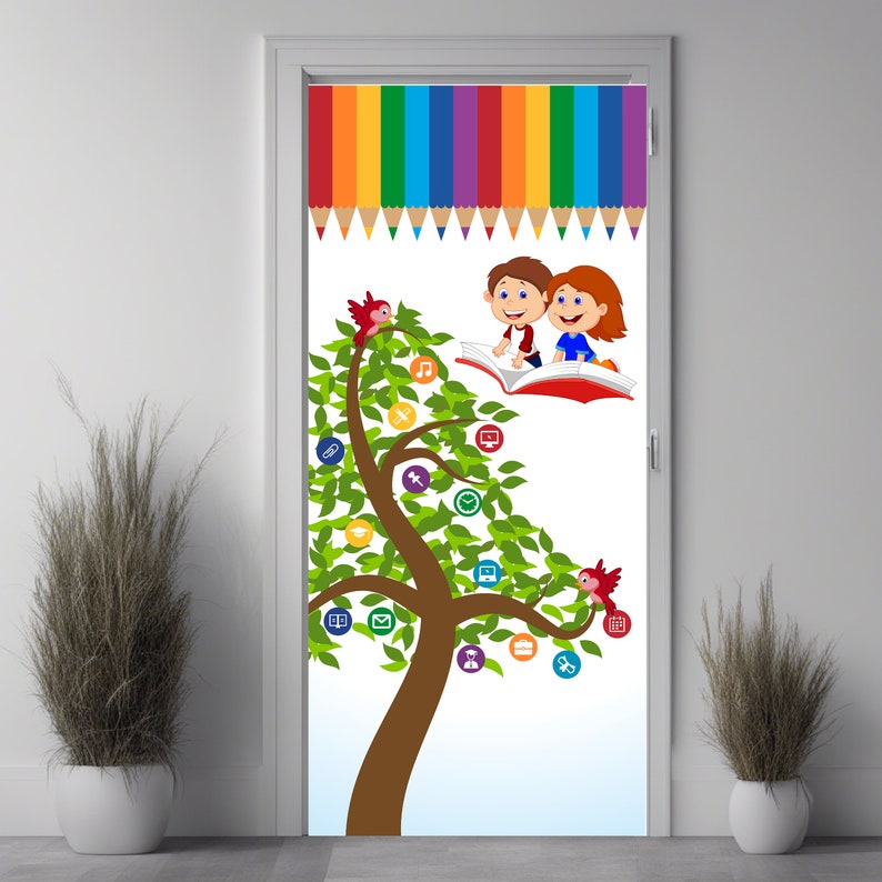 Kindergarten Door Decal, Pens, Tree Book, and Children, Door Decal ...