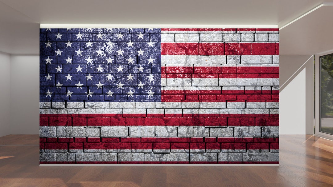 National Flag of USA on Brick Wall Background, Old Bricks Covering, Red ...