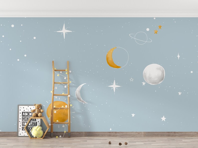 Space Wallpaper, Moon and Sun Labels for Kids, Planets and Stars Tag ...
