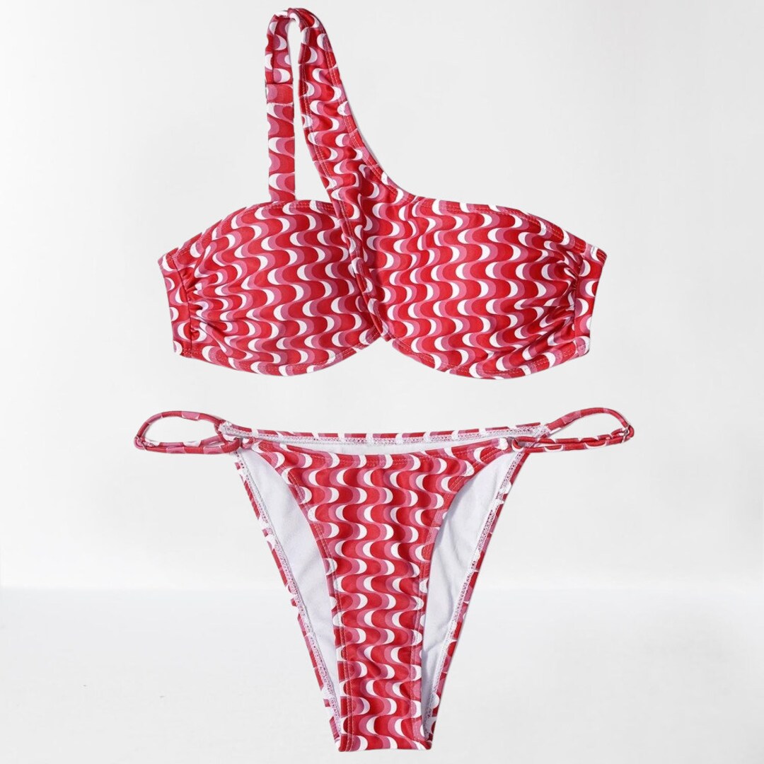One-strap Pinky Waves Bikini Set, Padded Bikini, Cheeky Bikini, Print ...