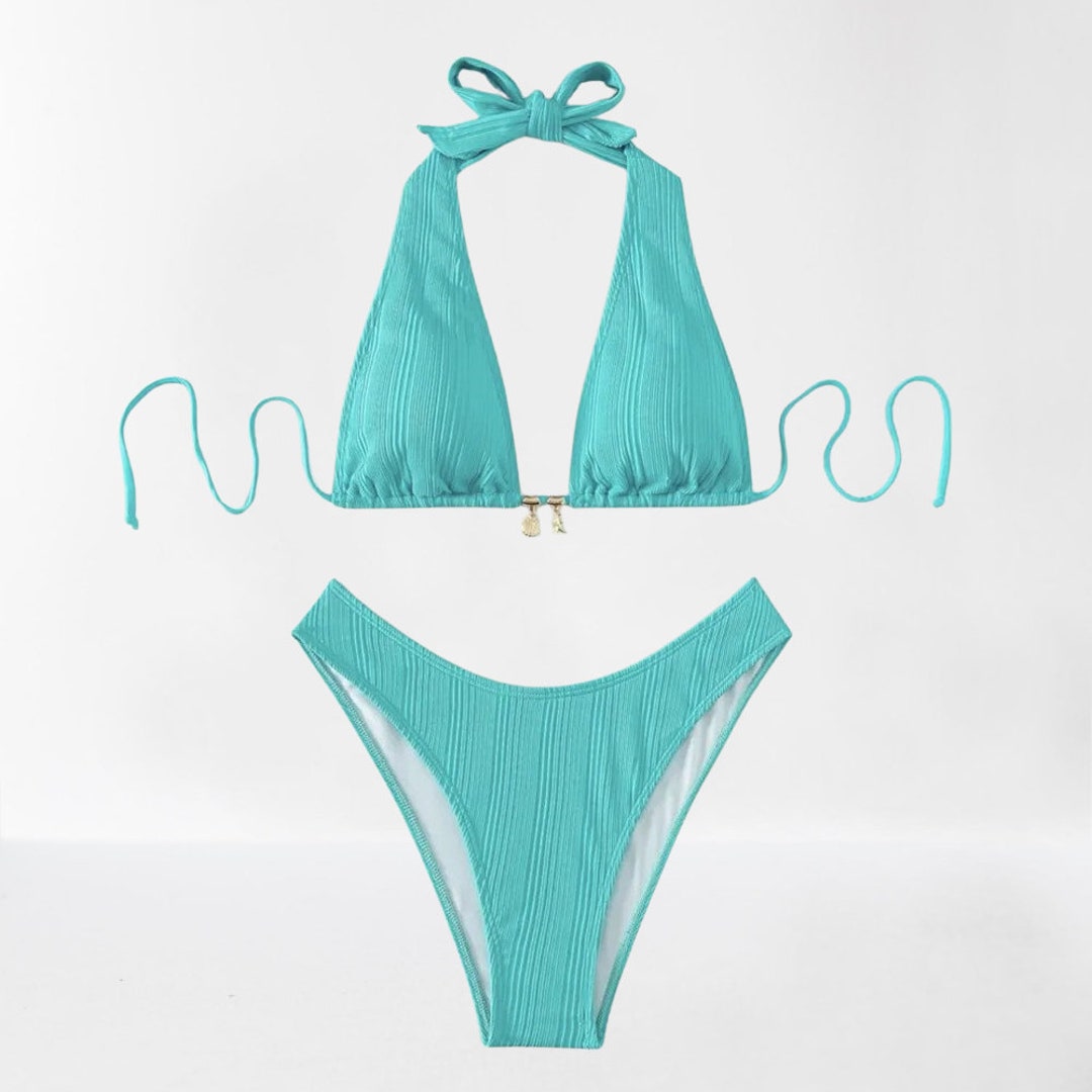 Thick Strap Halter Top Triangle Bikini Set, Ribbed Bikini, Tie up ...