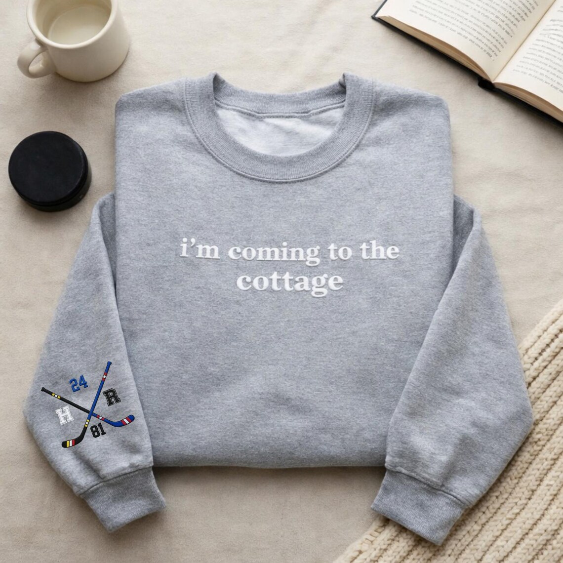 Embroidered I'm Coming to the Cottage Sweatshirt, Romance Hockey Couple ...