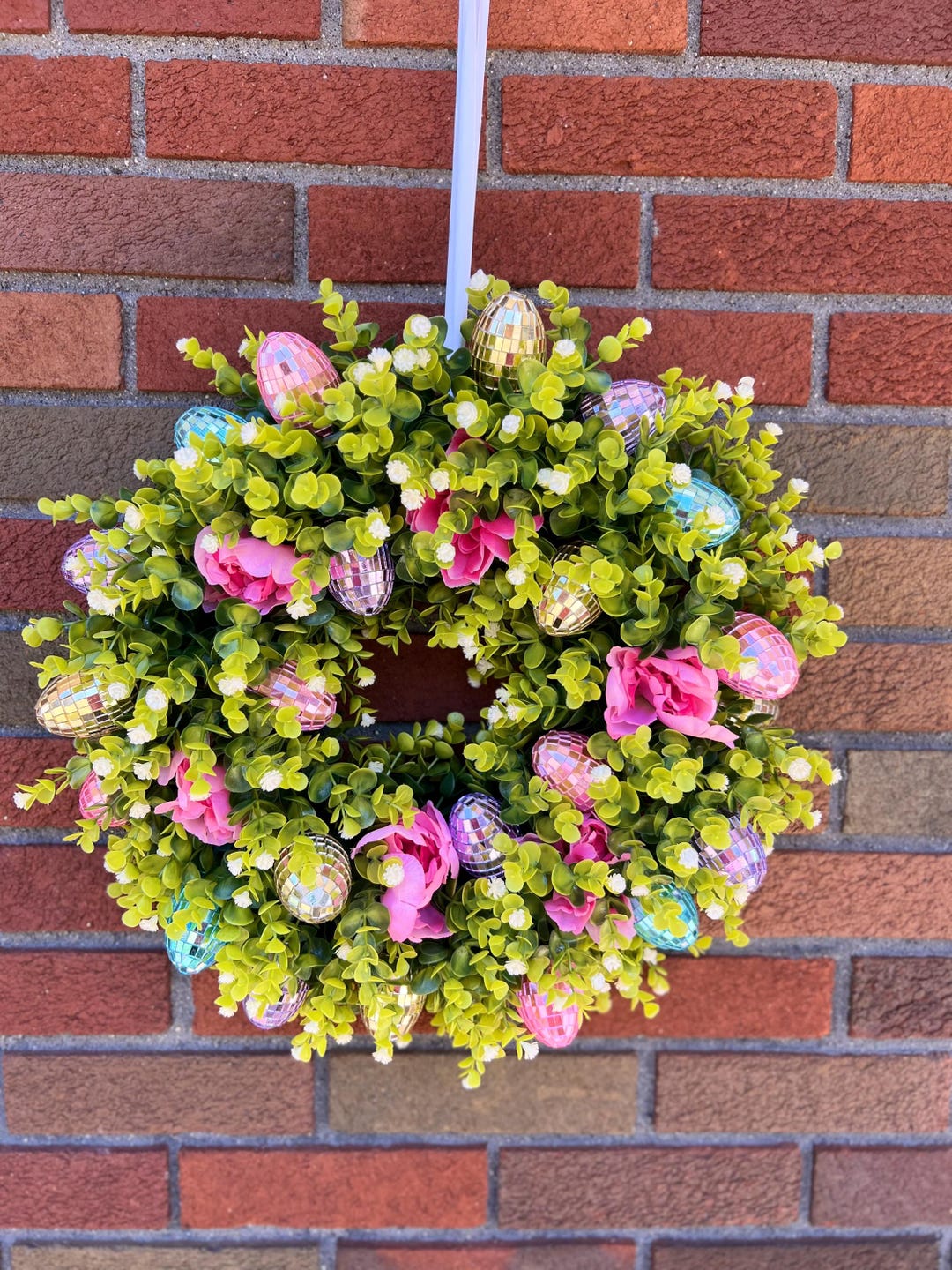 Easter Disco Egg Wreath – 20” Spring Front Door Decor, Greenery & Pink ...