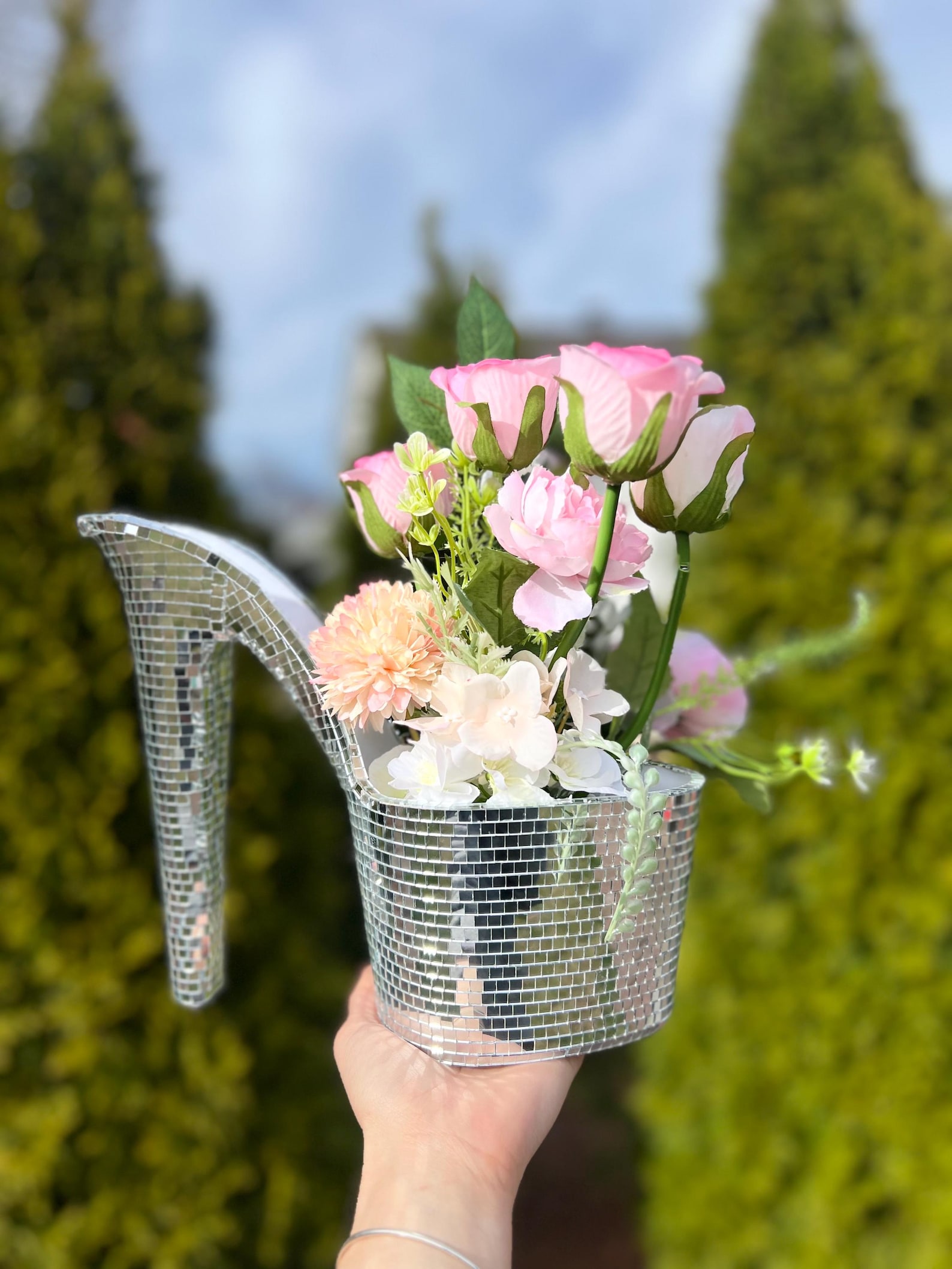 Disco Ball High Heel Vase: Mirrored Mosaic Party Centerpiece - Etsy