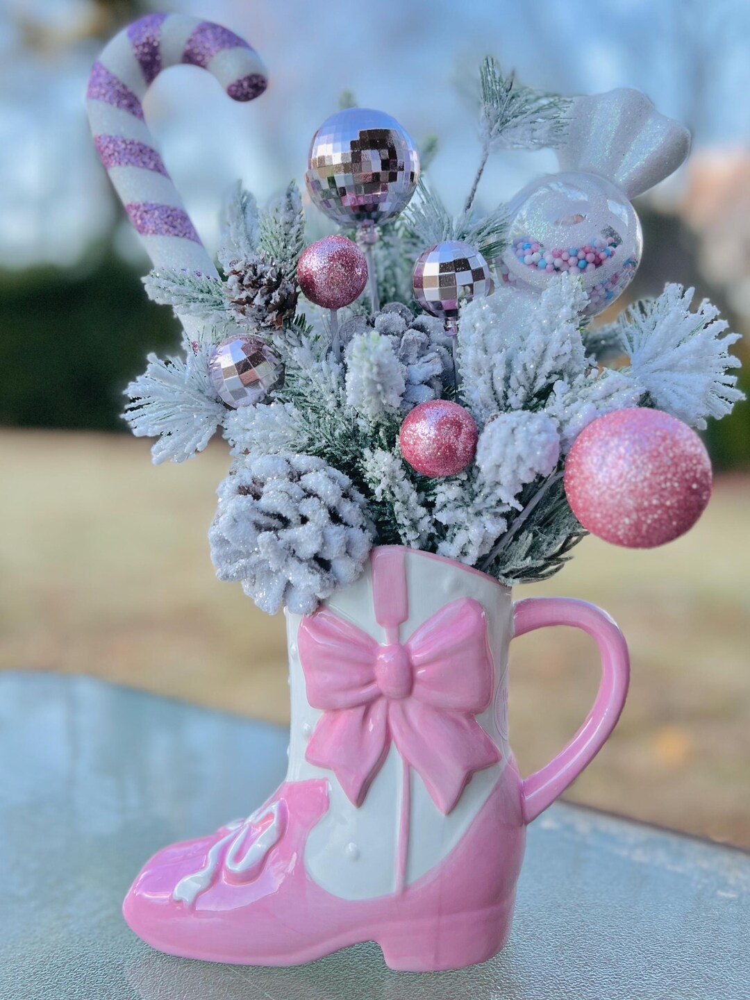 Pink Bow Cowboy Boot Mug Christmas Centerpiece – Candy & Disco-inspired ...