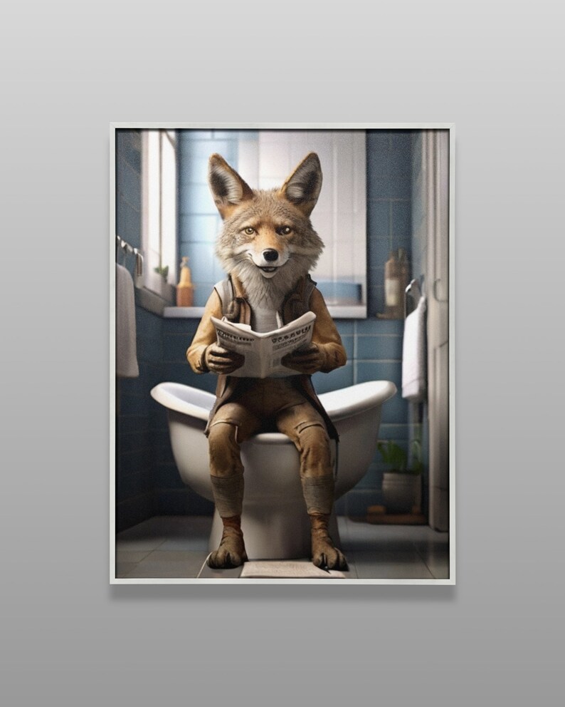 Coyote Sitting on Toilet Reading Newspaper, Coyote Art , Coyote Photo ...