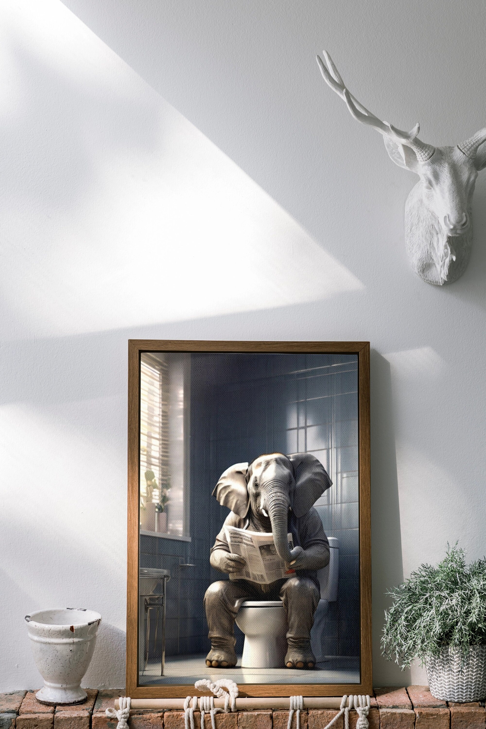 Elephant Sitting on Toilet Reading Newspaper, Elephant Art , Elephant ...