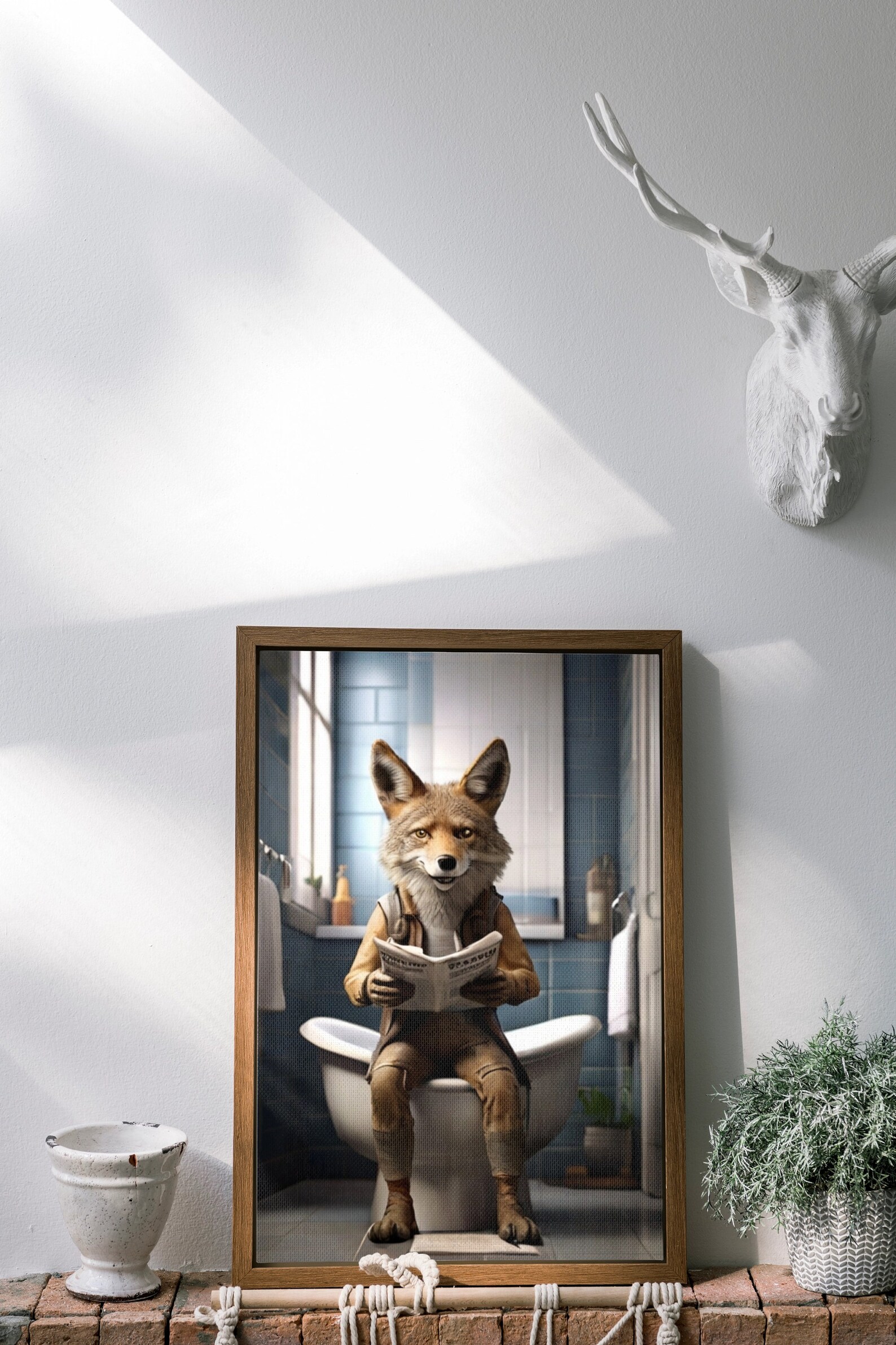 Coyote Sitting on Toilet Reading Newspaper, Coyote Art , Coyote Photo ...