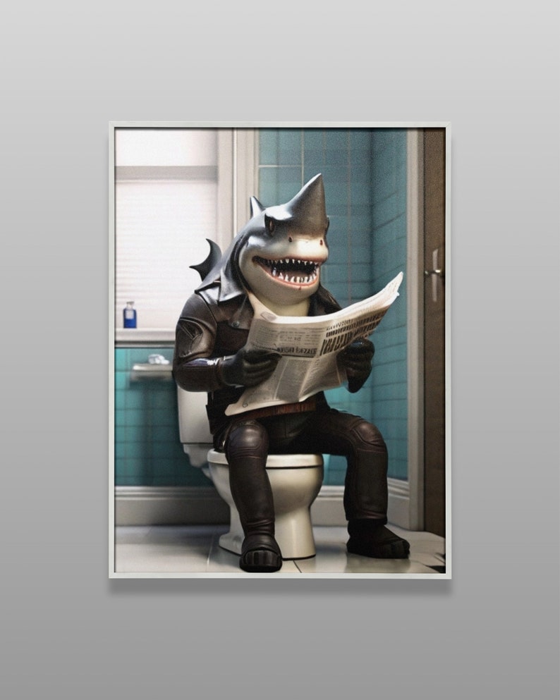 Shark Sitting on Toilet Reading Newspaper, Shark Art, Shark Photo, Kids ...