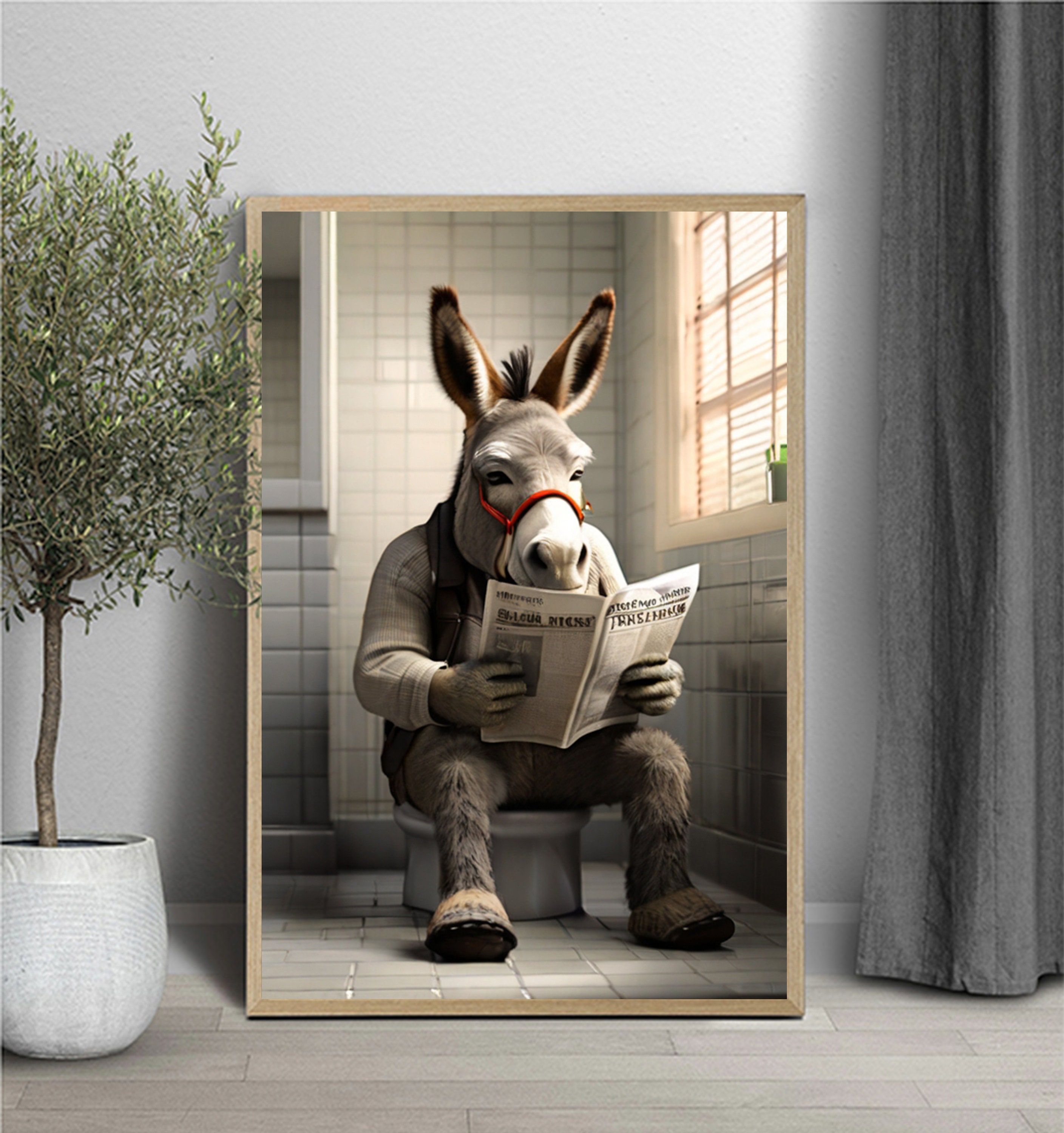 Donkey Sitting on Toilet Reading Newspaper, Donkey Art , Donkey Photo ...