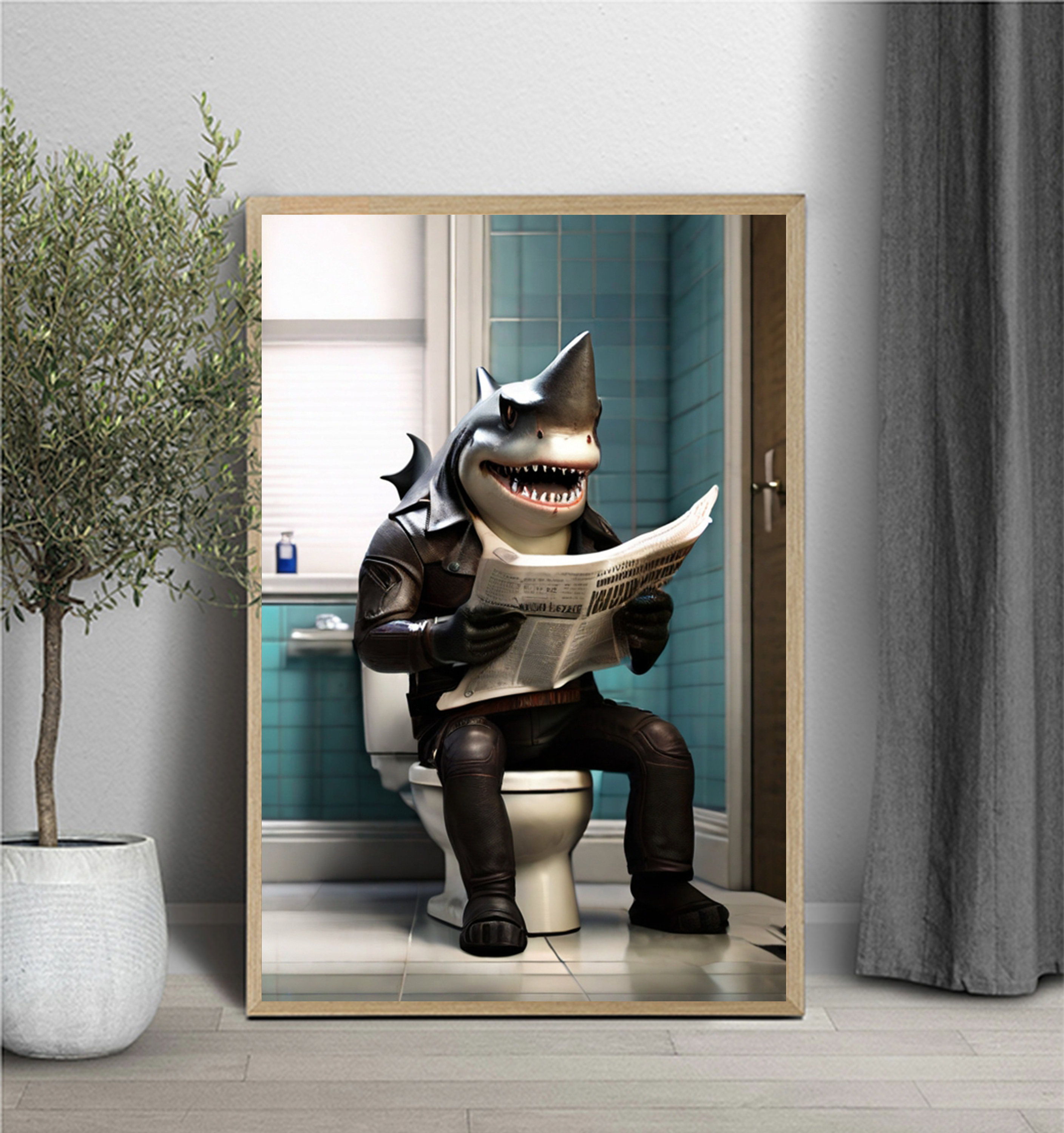 Shark Sitting on Toilet Reading Newspaper, Shark Art, Shark Photo, Kids ...
