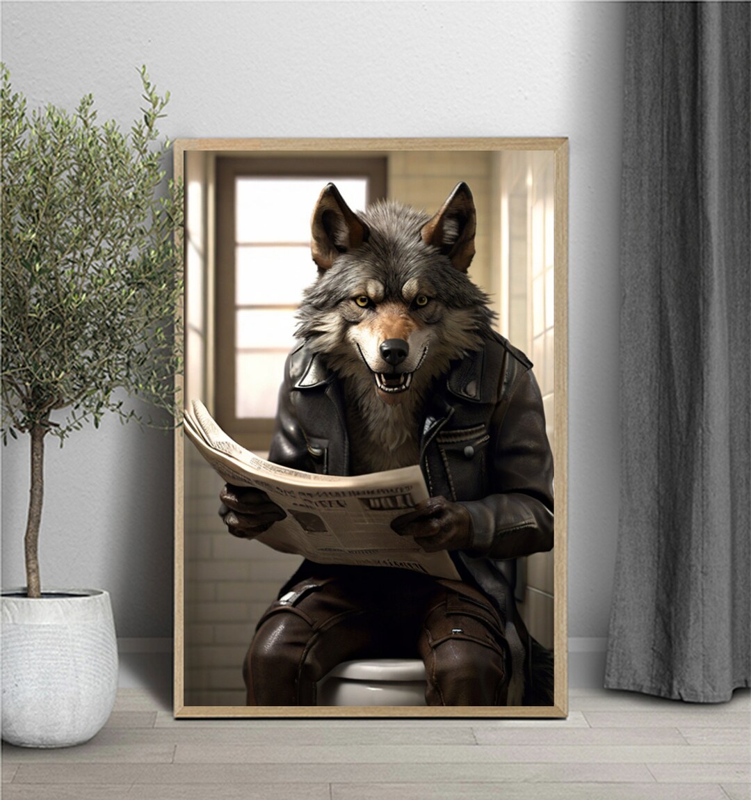 Wolf Sitting on Toilet Reading Newspaper, Wolf Art, Wolf Photo, Kids ...