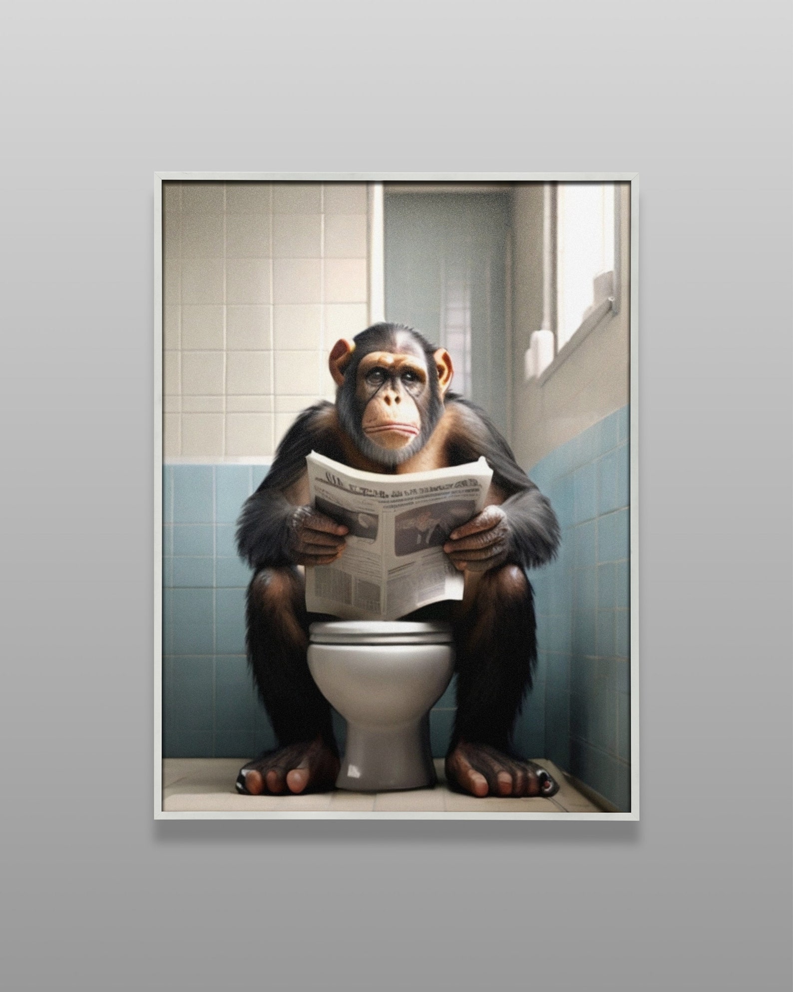 Chimpanzee Sitting on Toilet Reading Newspaper, Chimpanzee Art ...