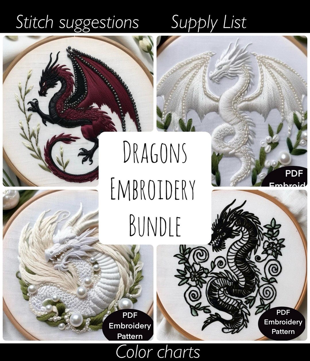 Dragon Pdf Embroidery Pdf Bundle. 6 Sizes 3 to 8 Inch for Hand Embroidery Hoops. 6 Fantasy ...