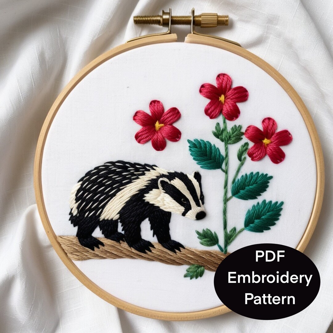 Badger Embroidery Pattern, Floral Thread Art Template (PDF Pattern) - Etsy