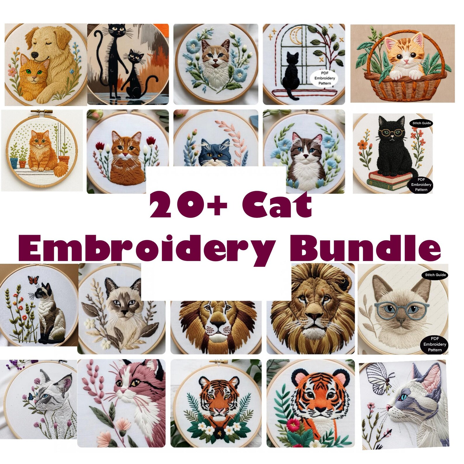 Cats Pdf Embroidery Pdf Bundle. 6 Sizes 3 to 8 Inch for Hand Embroidery ...