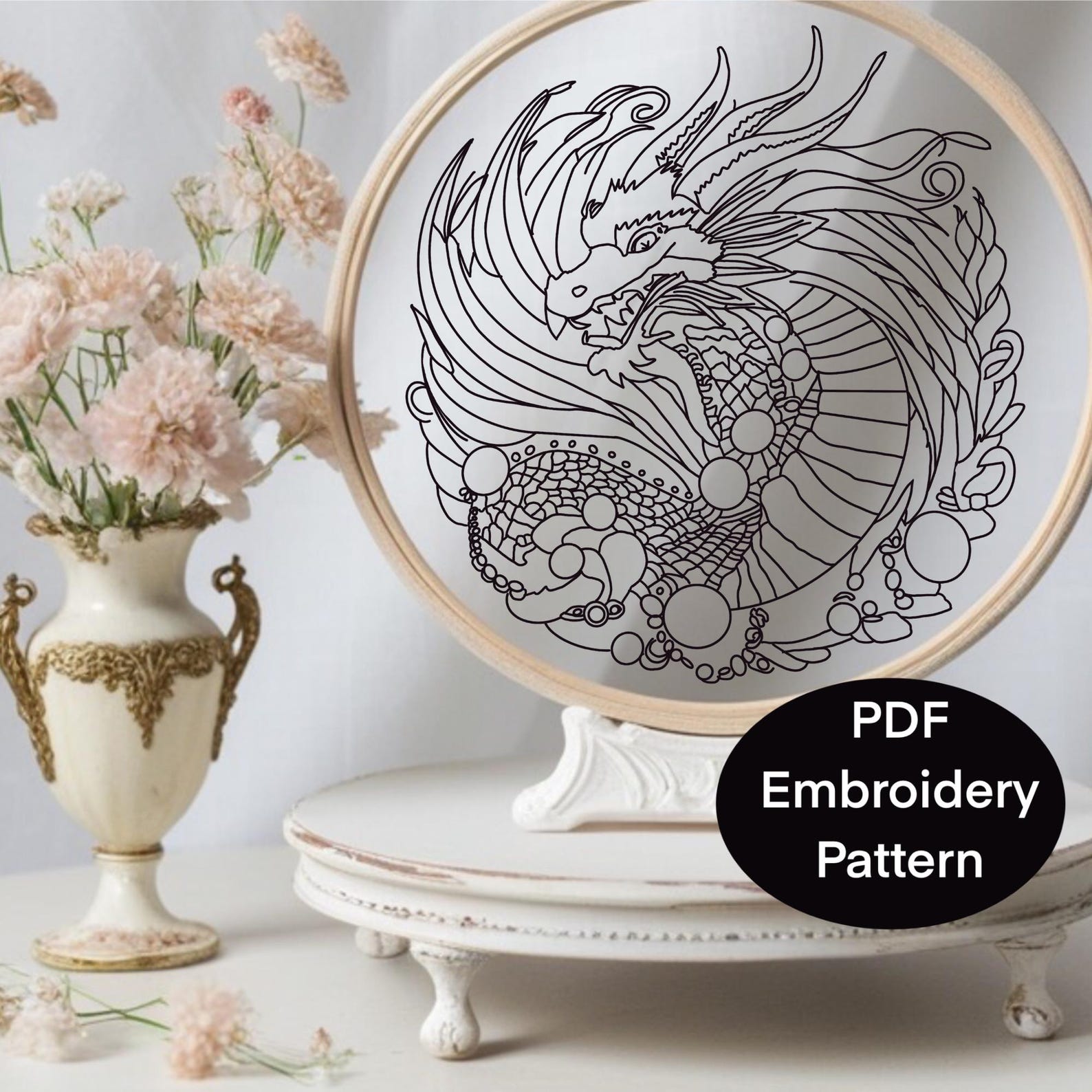 Dragon Embroidery PDF Pattern. 6 Sizes 3 to 8 Inch for Hand Embroidery Hoops. Fantasy Dragon ...