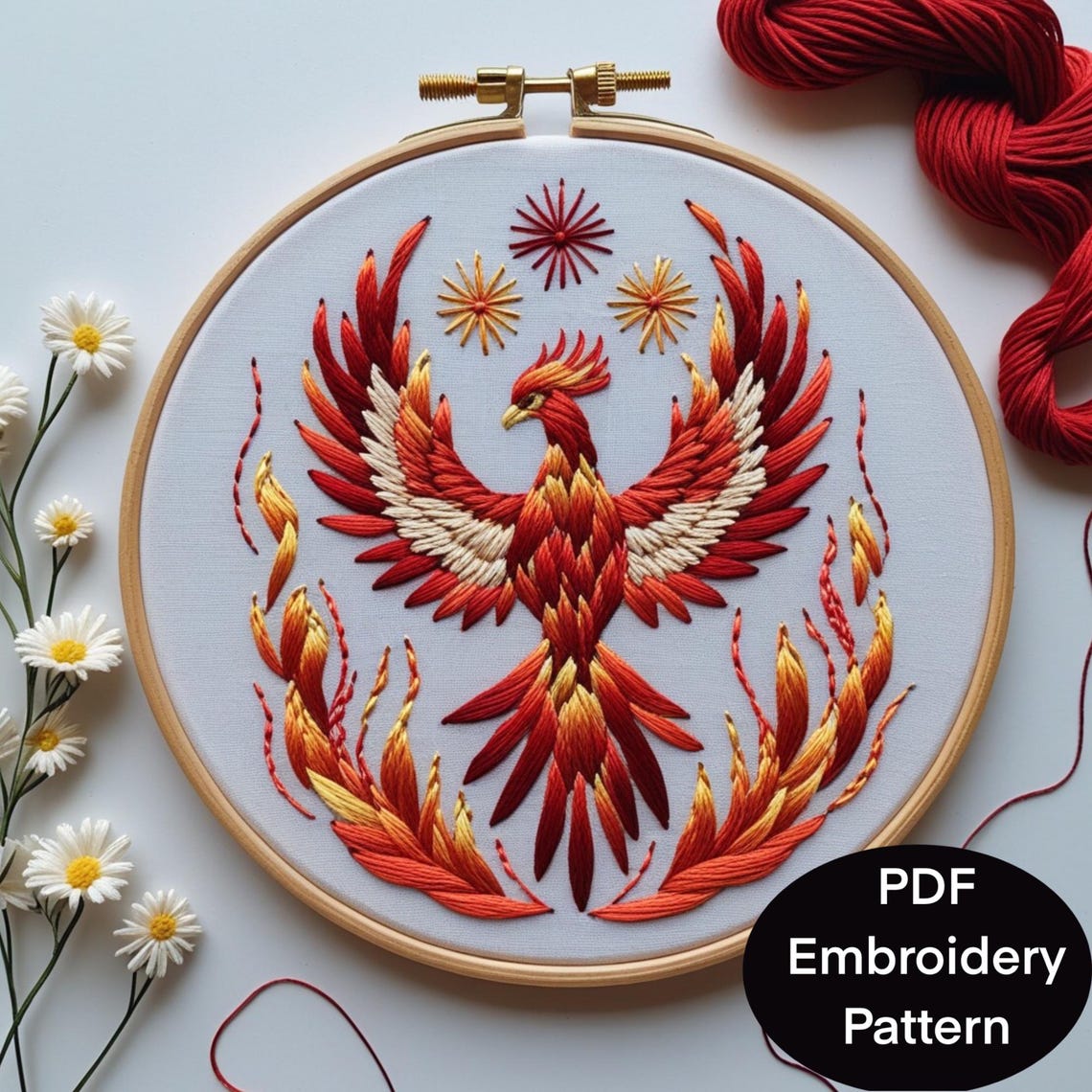 Phoenix in Flames Embroidery Pdf Pattern. 6 Sizes 3-8 Inch for Hand Embroidery Hoops. Easy ...