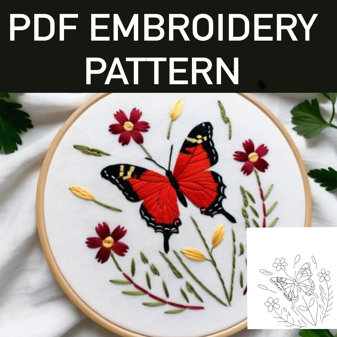Butterfly Hand Embroidery PDF Pattern. 7 Sizes 3-8 Inch & A4 Hoops. Simple Red Admiral Butterfly ...