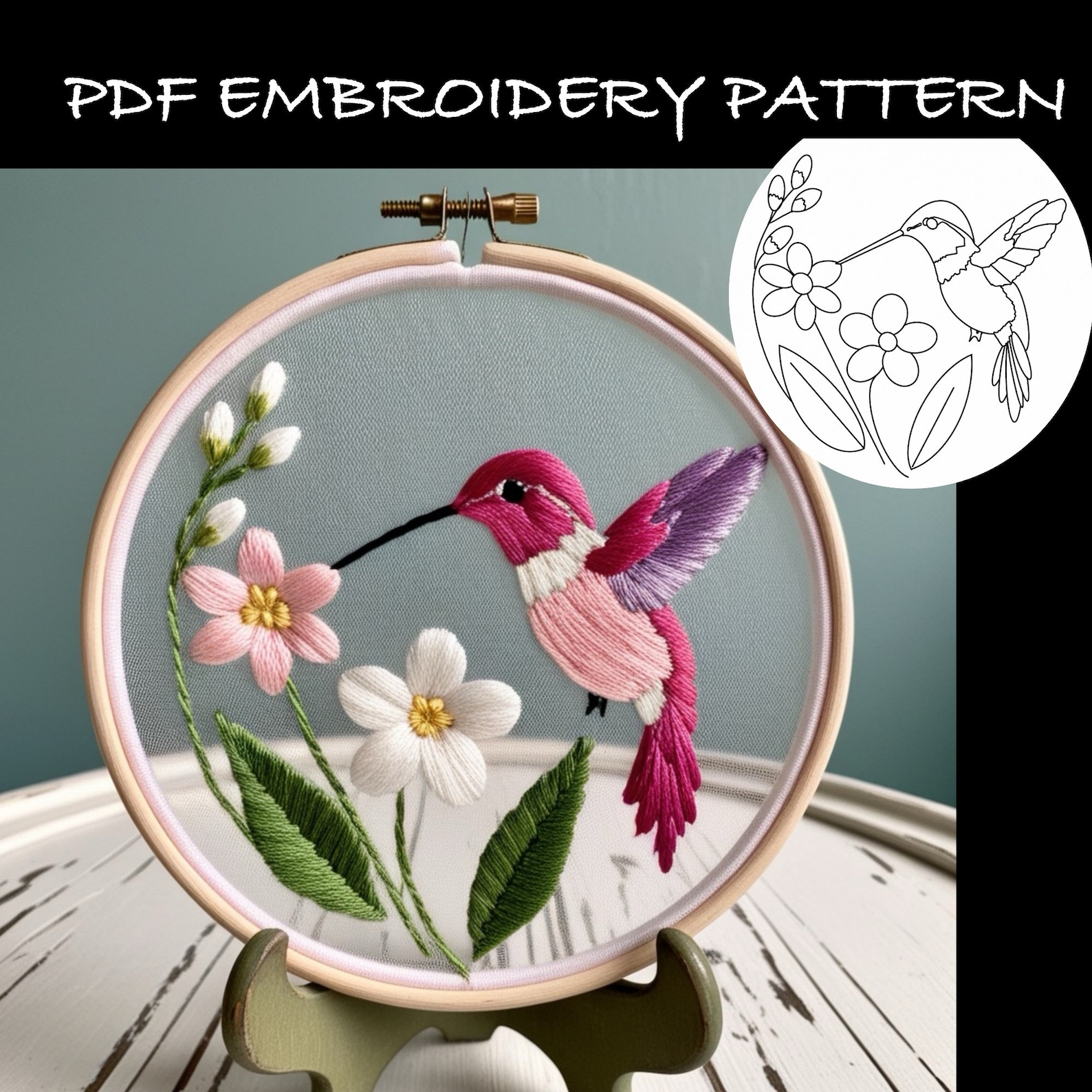 Humming Bird Hand Embroidery PDF Pattern. 7 Sizes 3-8 Inch & A4 Hoops. Simple, Easy to Sew ...