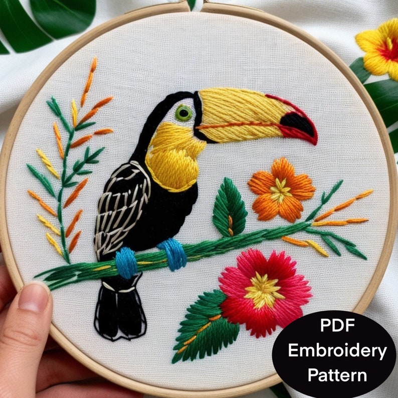 Toucan Bird Hand Embroidery PDF Pattern. 7 Sizes 3-8 Inch & A4 Hoop. Embroidery Transfer Toucan ...
