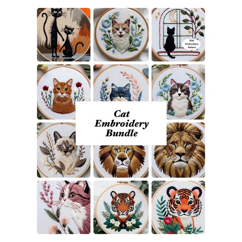 Cats Pdf Embroidery Pdf Bundle. 6 Sizes 3 to 8 Inch for Hand Embroidery ...