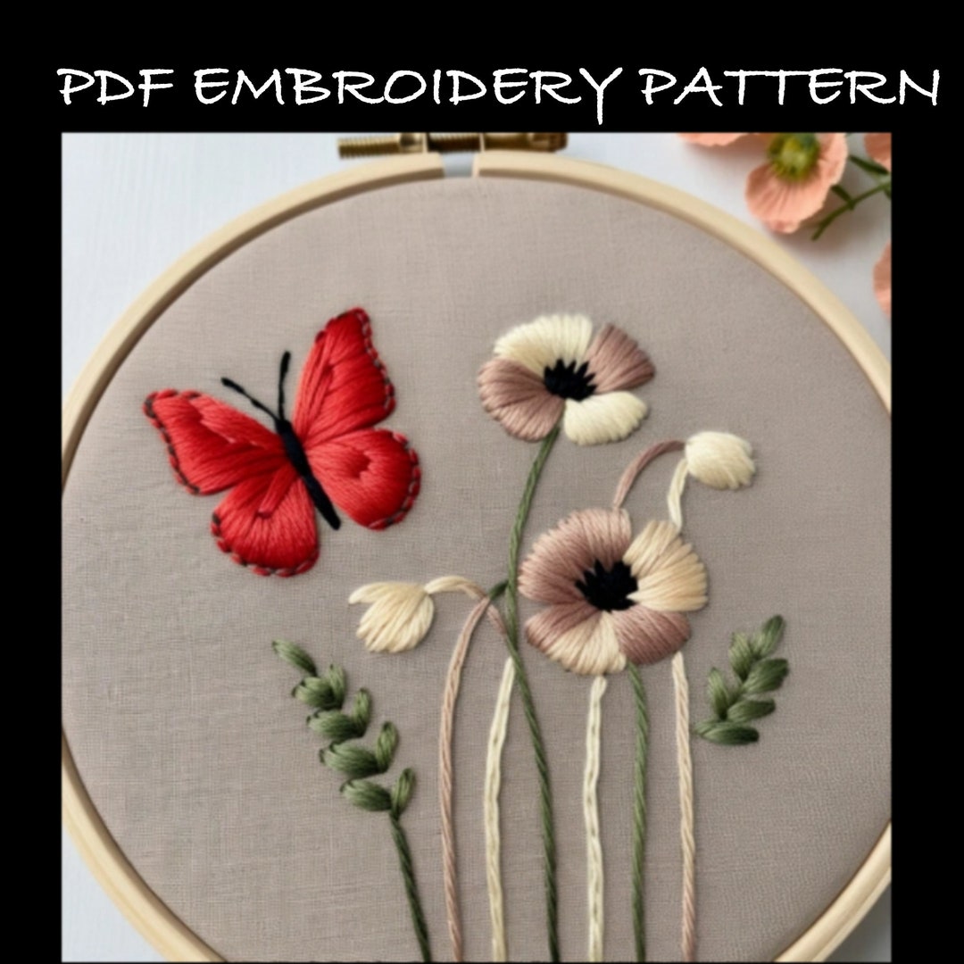 Butterfly Hand Embroidery PDF Pattern. 7 Sizes 3-8 Inch & A4 Hoops. Simple Red Admiral Butterfly ...
