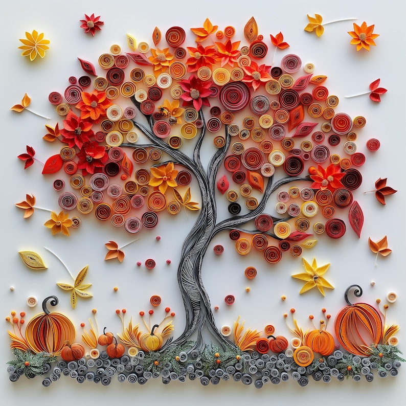 Digital Autumn Pumpkin Tree Quilling Art (2) - Fall Printable Wall ...