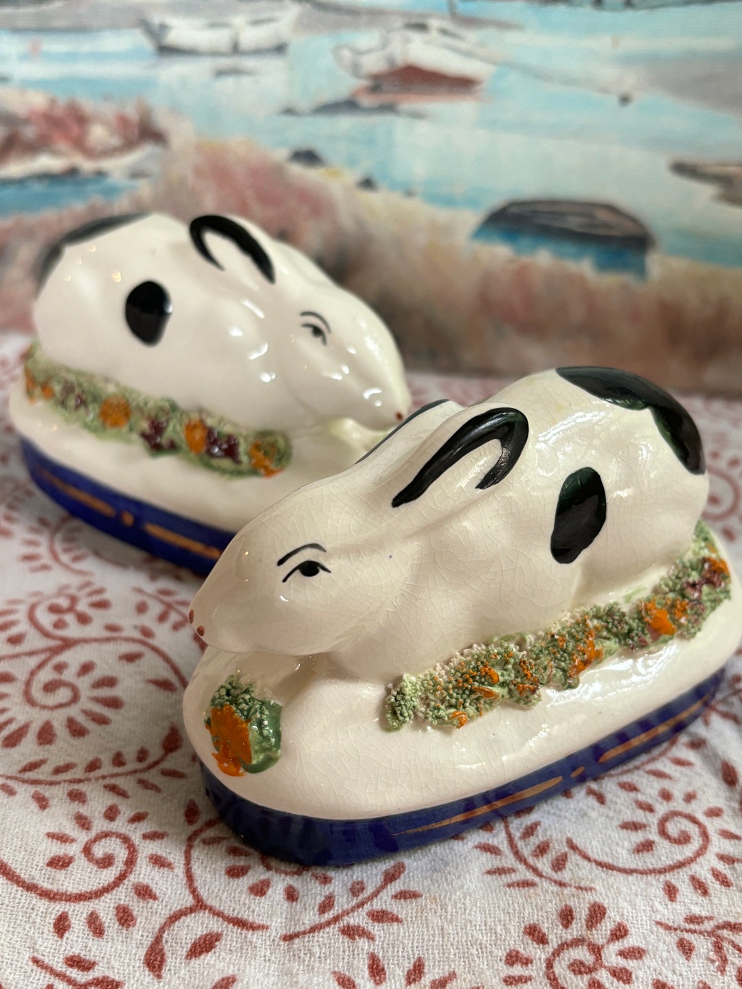 Antique Staffordshire Rabbit Figurines on Cobalt Blue Pedestal. AS IS ...