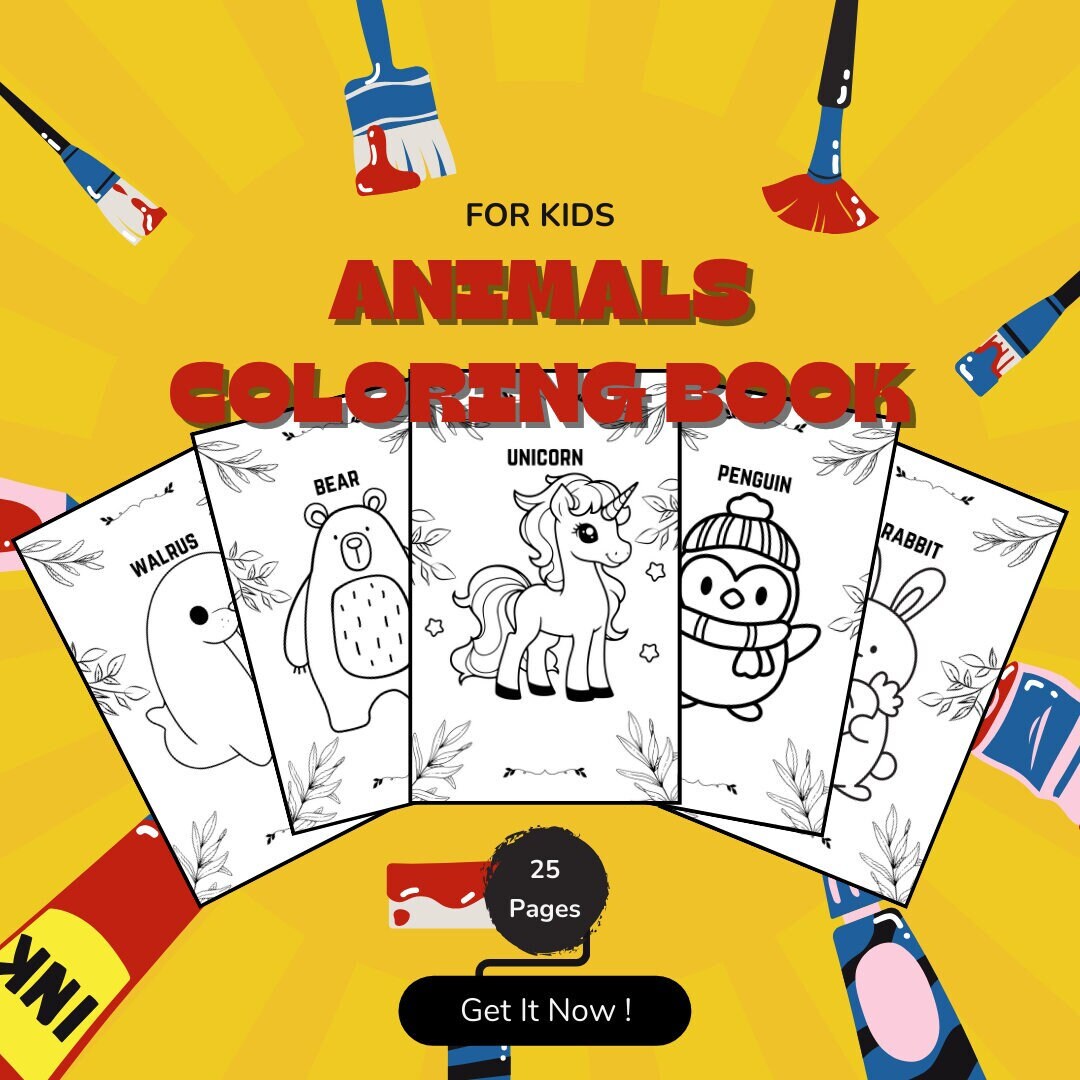 Printable Cute Animals Coloring Book for Kids, 25 Pages, INSTANT ...