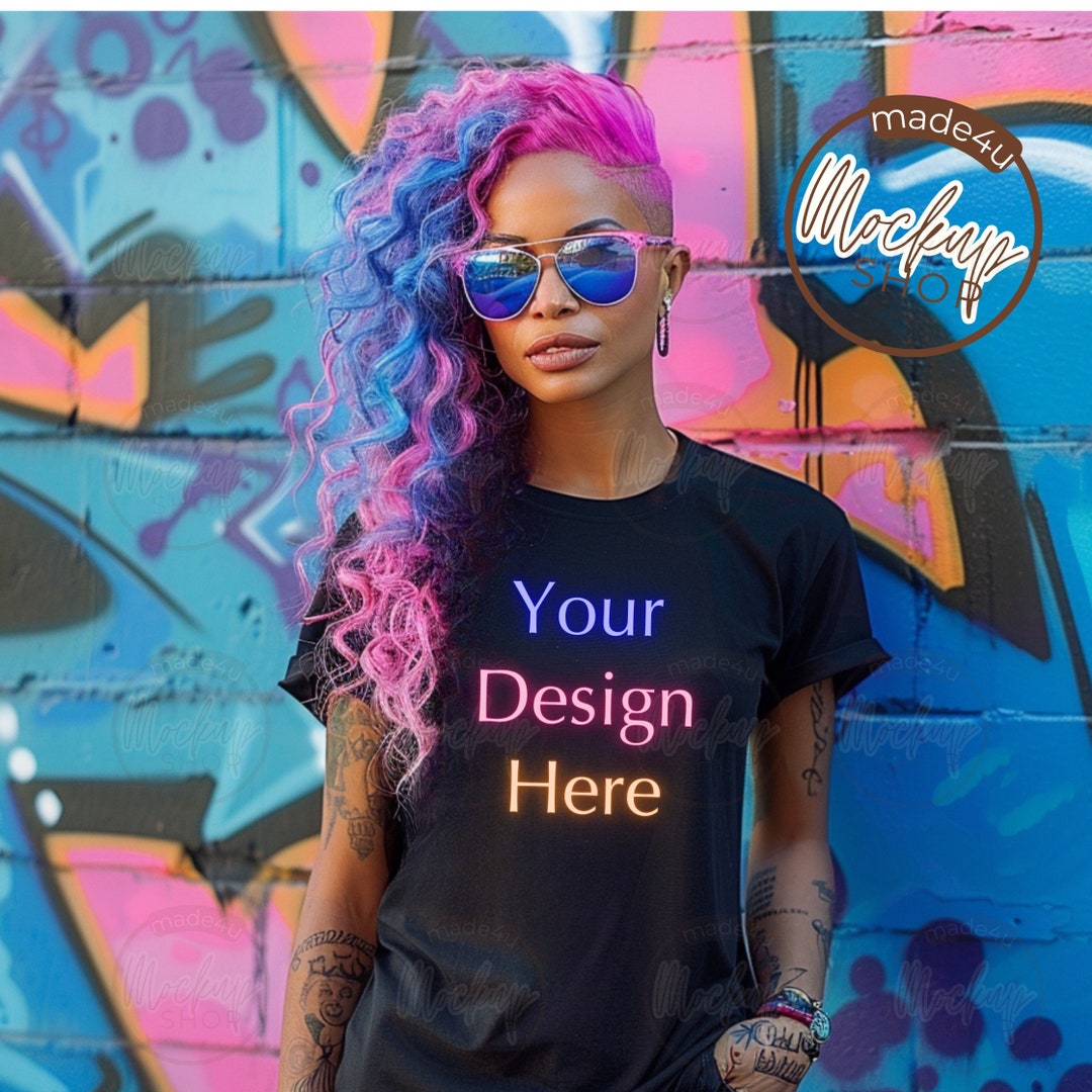 Female Urban Model Mockup, T-shirt Mockup, Black Tshirt, Graffiti ...