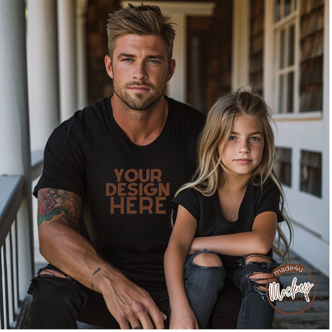 Father's Day Mockup Dad and Daughter Models Black T-shirt Mockup Bella ...
