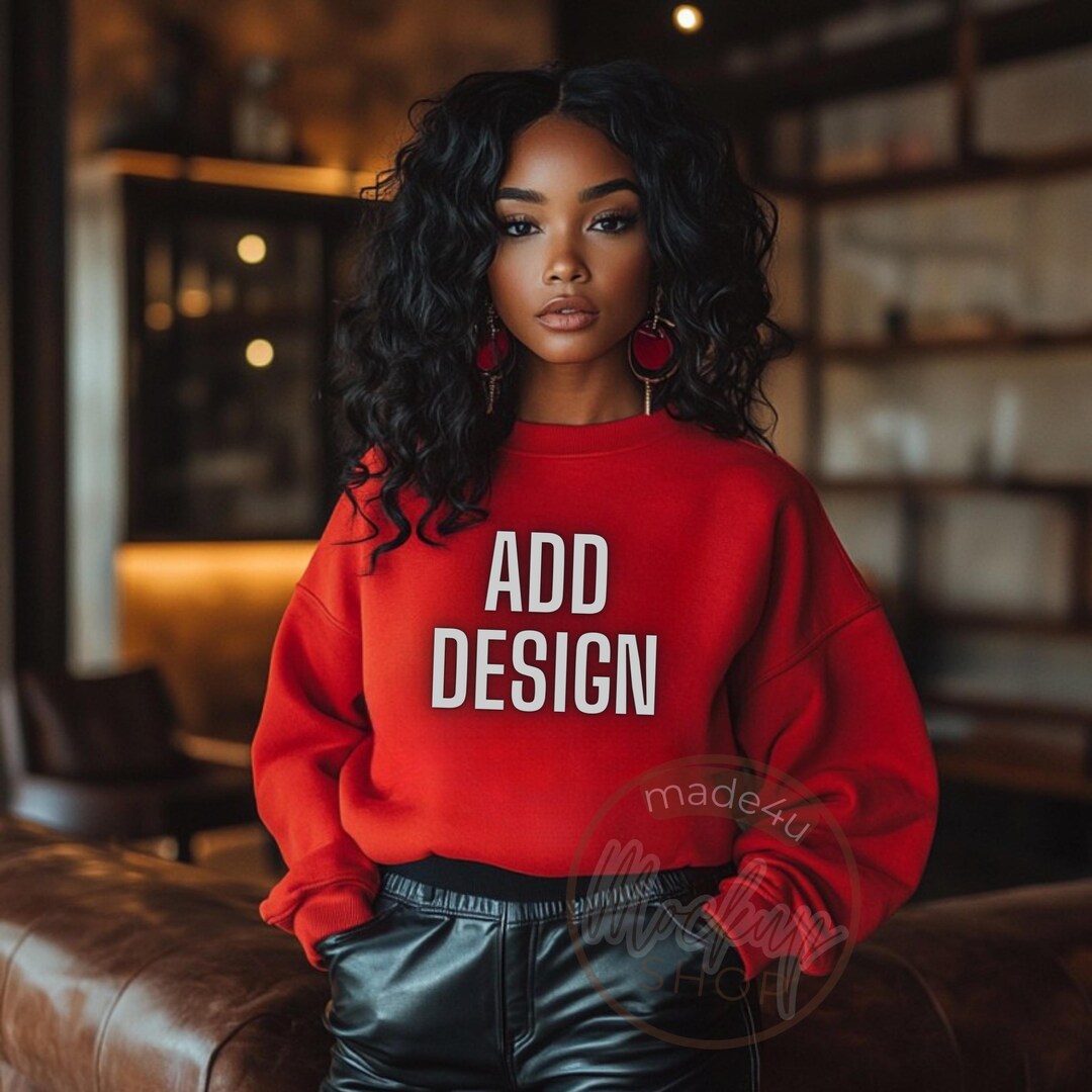Female Model Mockup, T-shirt Mockup, Red Sweatshirt, African American ...
