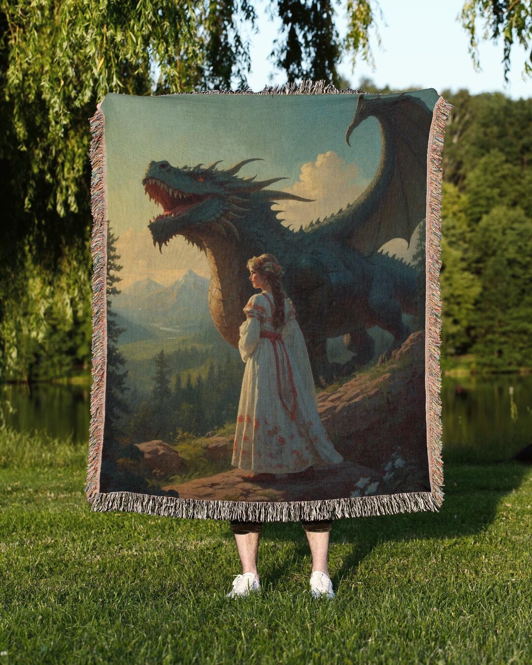 Medieval Knightcore Dragon Woven Blanket, Folklore Fantasy Dragon Lover ...