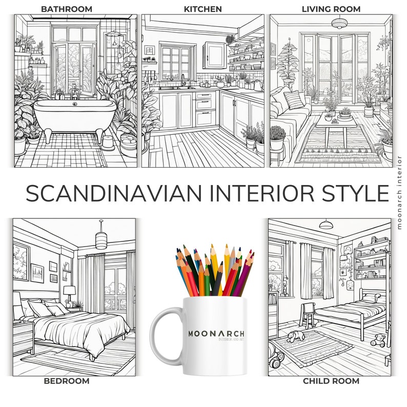 Interior Styles Coloring Book, Interior Coloring Book, Travel Coloring ...