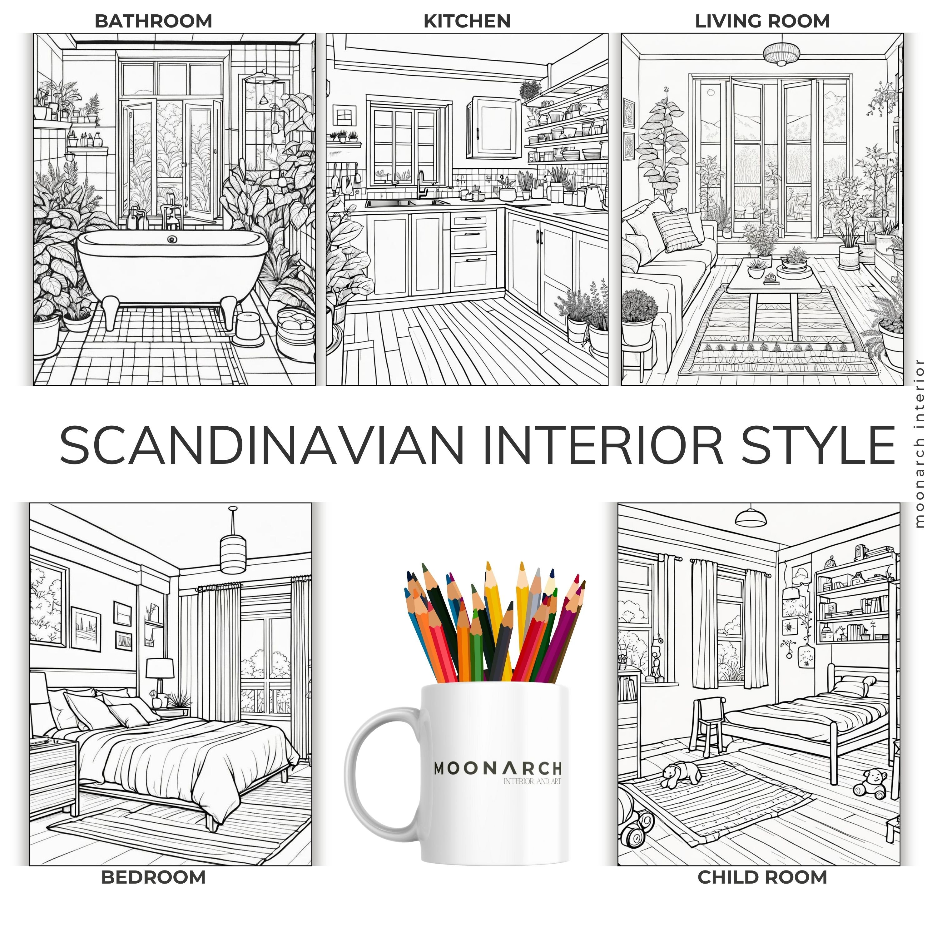 Interior Styles Coloring Book, Interior Coloring Book, Travel Coloring ...
