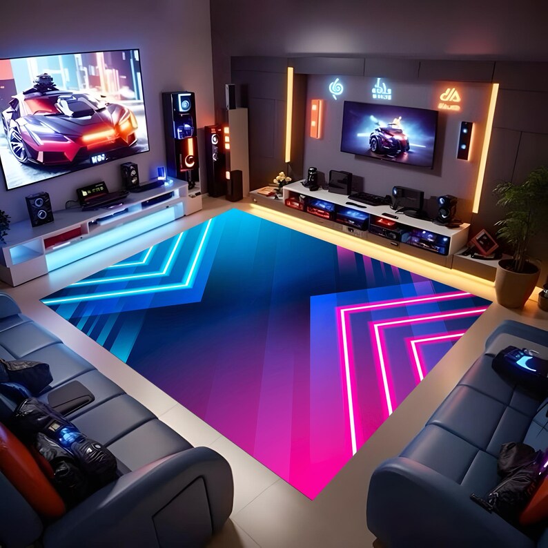 Gamer Room Rug, Arcade Room, Gaming Illusion Rug, Neon Look Rug, Living ...
