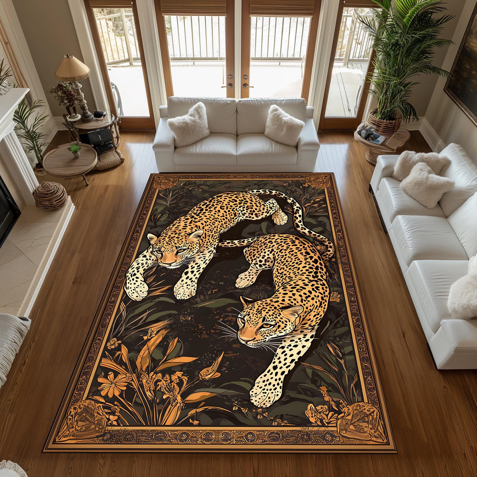 Leopard Themed Living Room Area Rug, Animal Print Carpet for Wildlife ...