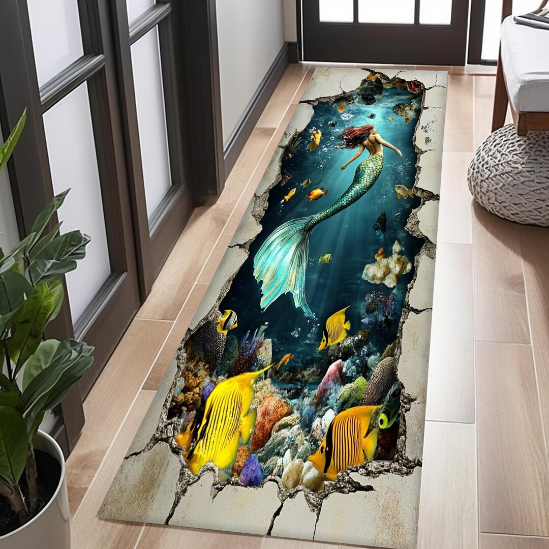3D Rug, Huge Crack Rug, Mermaid Rug, Underwater World Rug, Gift Runner ...