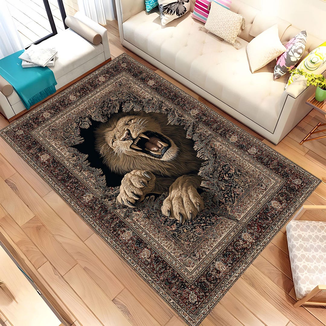 3D Lion Rug, Roaring Lion Area Rug, Optical Illusion Animal Rug, Wild ...