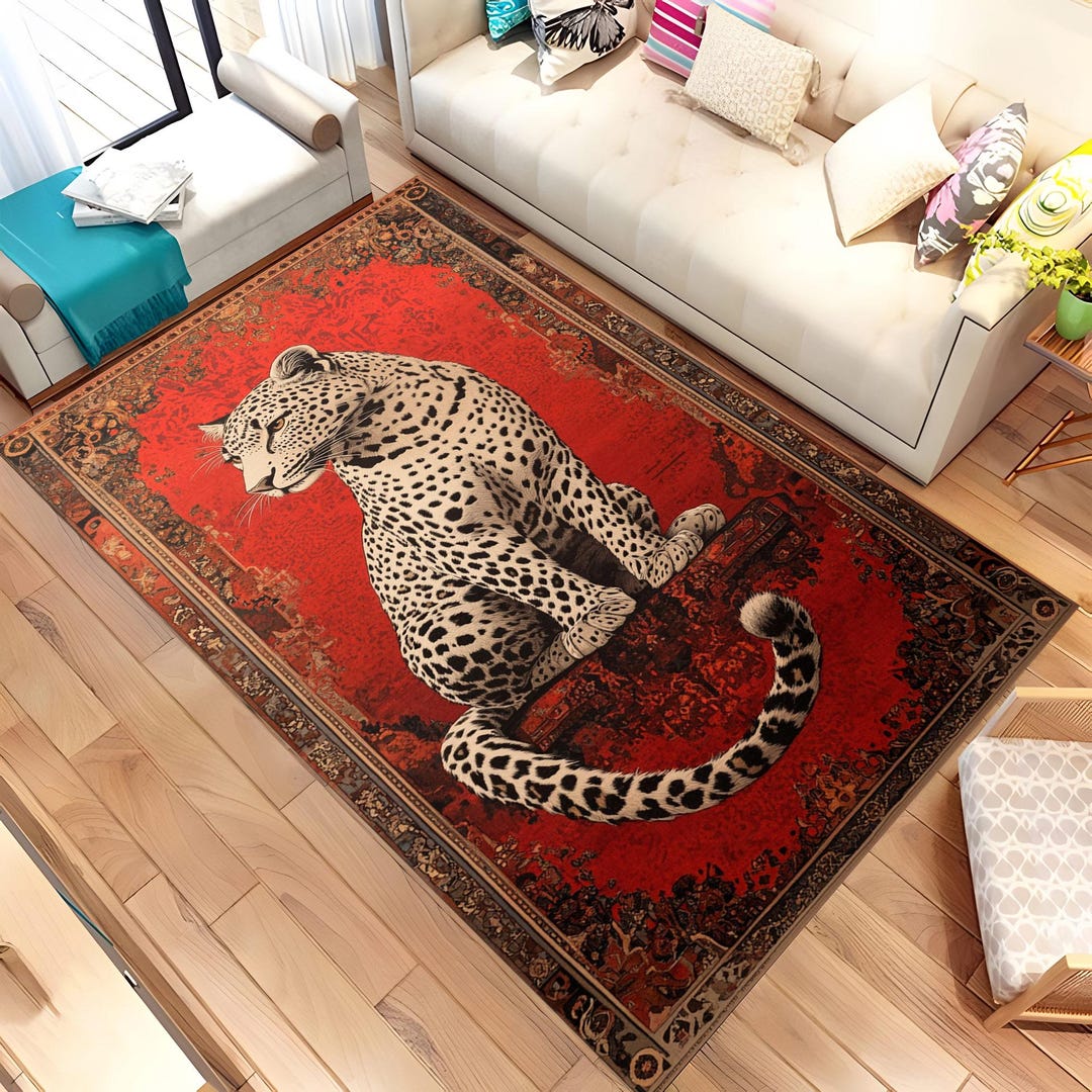 Leopard Themed Living Room Area Rug, Animal Print Carpet for Wildlife ...