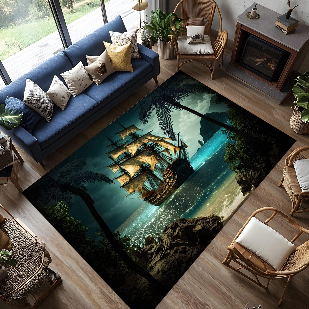 Pirate Ship Rug, Ship Rug, Vintage Pirate Ship Rug, Living Room Rug ...