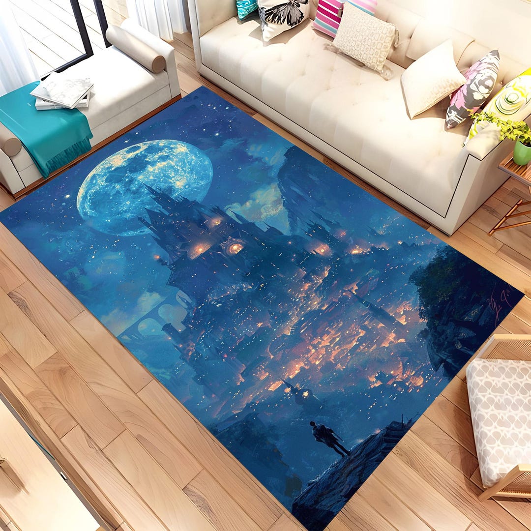 Castle Rug, Moon Rug, Sky Rug, Blue Design Rug, Night Sky Rug, Living ...