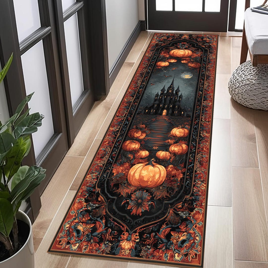 Halloween Pumpkin Runner Rug, Gothic Hallowen Runner Rug, Spooky Witch ...