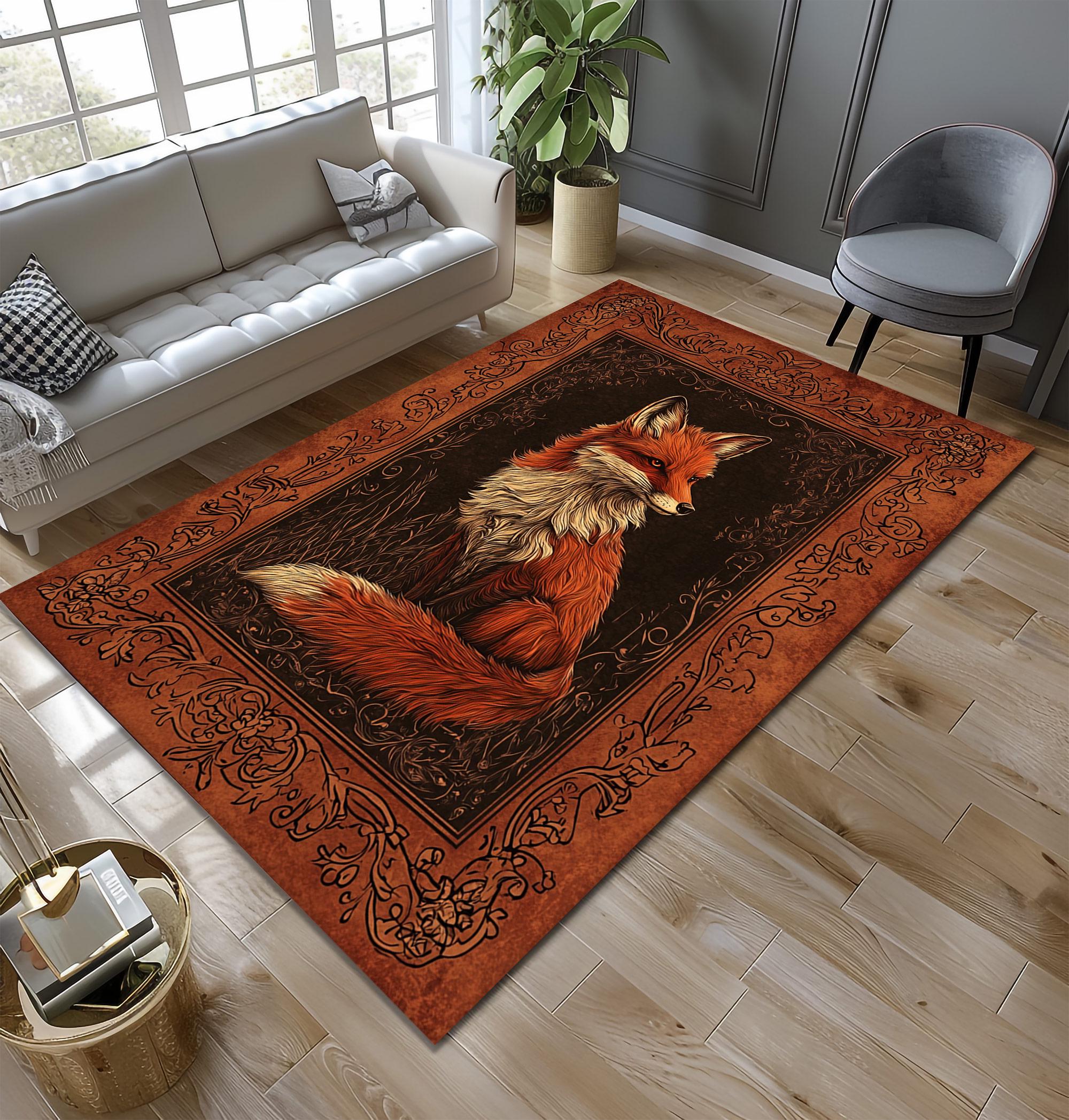 Rustic Fox Area Rug for Living Room, Woodland Themed Animal Decor, Cozy ...