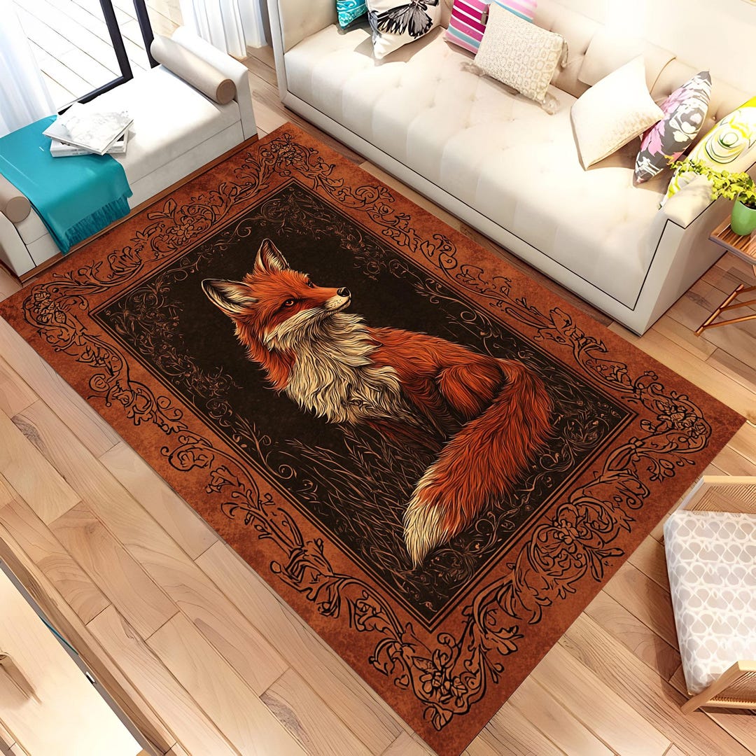 Rustic Fox Area Rug for Living Room, Woodland Themed Animal Decor, Cozy ...